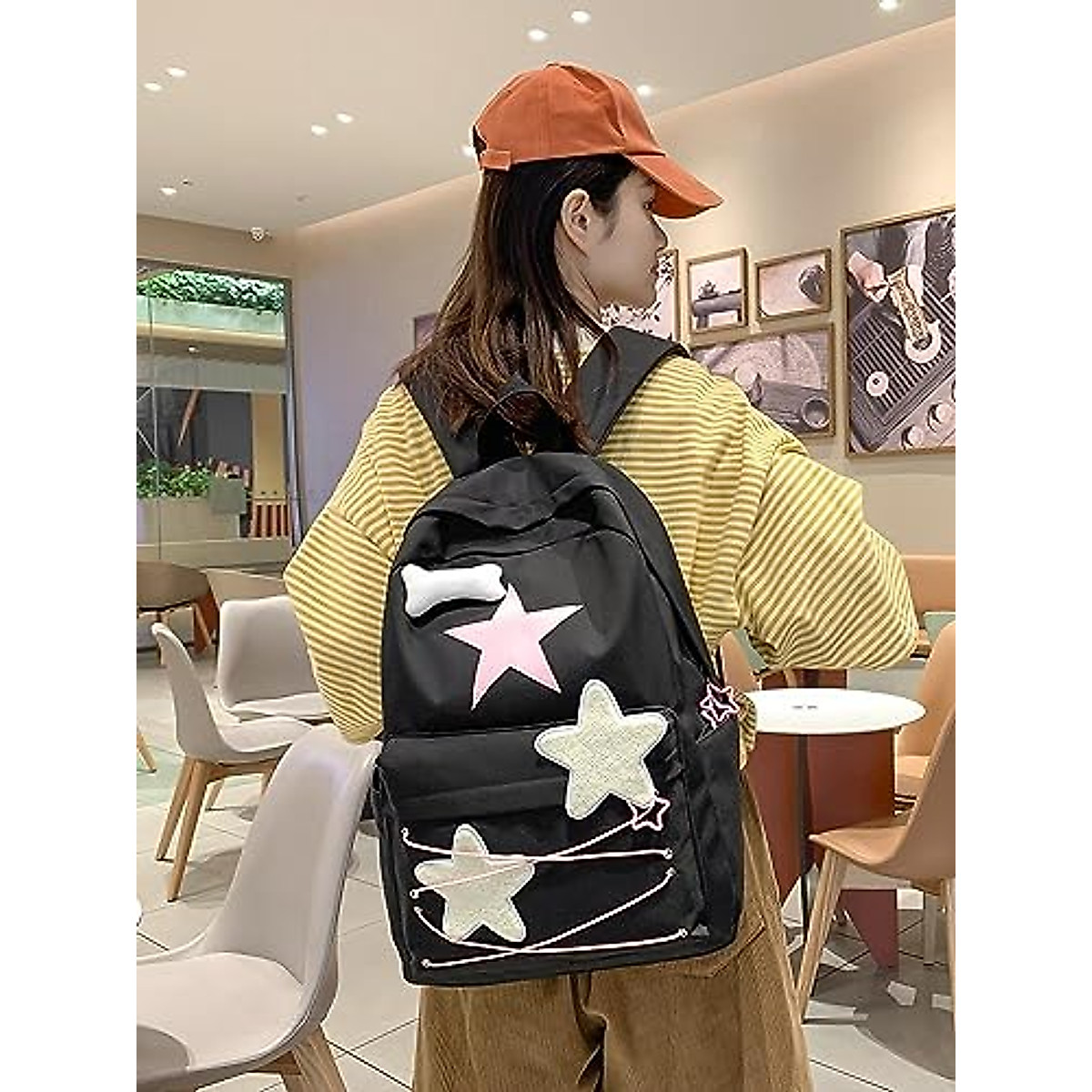 Cute Y2K Backpack Daily Use, Kawaii Aesthetic Harajuku Durable Shoulder Bag Daypack Bookbag Hiking Travel Backpack (black)