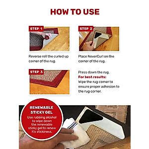NeverCurl 4pk Rug Corner Grippers - Instantly Flattens Rug Corners Stops Slipping, Stiff Layer Prevent Curling, Renewable Carpet Gripper Sticky Gel, Easy Lift Design to Clean Under Rugs, Carpet Tape