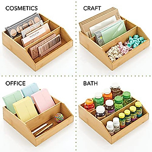 mDesign Wide Bamboo Wood Food Storage Bin with Divided 3 Compartments and Sloped Front for Kitchen Cabinet, Pantry, Shelf to Organize Seasoning Packets, Powder Mixes, Spices, Snacks - Natural