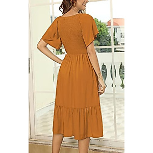 Kranda Women Short Flutter Sleeve V Neck Smocked Solid Pleat Midi Dress Pumkin Spice M