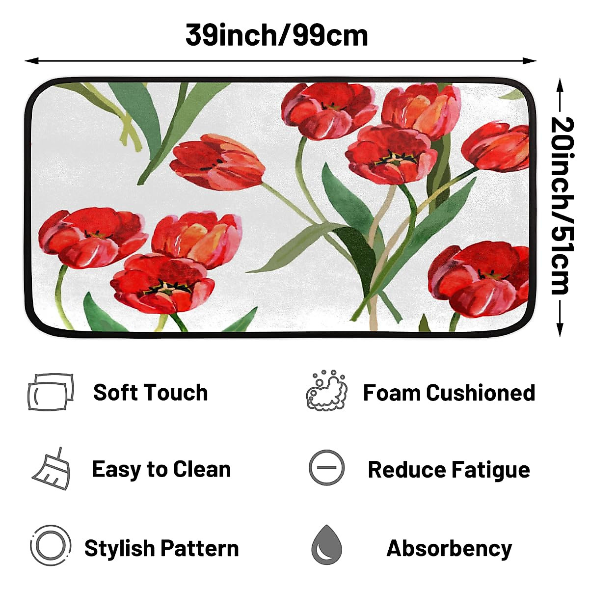 KOBLEN Red Tulip Leaves Kitchen Rugs Non Slip Washable Absorbent Kitchen Mats 20x39 inch Cushioned Anti Fatigue Kitchen Floor Mats for in Front of Sink