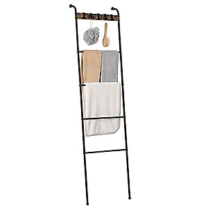 Blanket Ladder Metal Black Blanket Holder with Hooks Leaning Towel Rack Blanket Ladders for The Living Room Bathroom Bedroom (Matte Black)