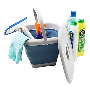 SAMMART 8.5L (2.2 Gallon) Collapsible Square Handy Bucket with Lid/Foldable SquareWater Pail with Lid/Portable Tub with Handle and Lid. Size 31x31cm (Grey/Steel Blue, 1)