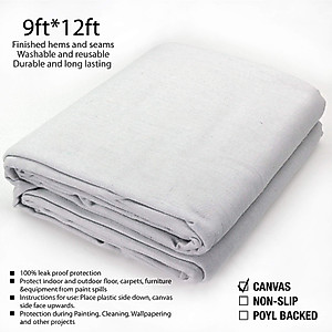 KINGORIGIN Grey White Canvas Drop Cloth, 9 X 12 Feet Canvas Tarp, Washable and Reusable Cotton Paint Tarp, Drop Cloths for Painting, Curtains, Furniture and Floor Protection