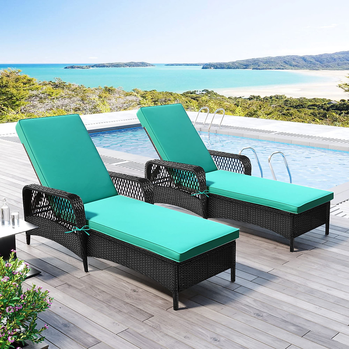 Quarte 2 Piece Outdoor PE Wicker Sun Lounger,Patio Chaise Lounger with Adjustable Backrest and Armrests,for Porch Lawn Garden Backyard Poolside (Green&y)
