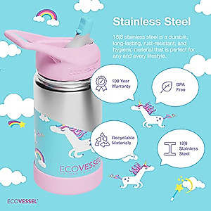 EcoVessel Frost Stainless Steel Kids Water Bottle with Straw Lid, Leak Proof Bottle with Carry Handle & Bottle Bumper, Kids Water Bottle for School - 12oz (Bunnyhop)