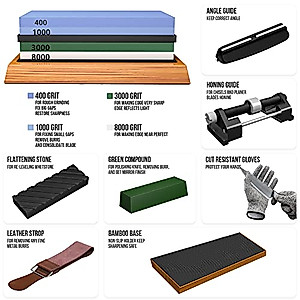 YeopAsda Knife Sharpening Stone Set - Premium 4 Side Grit 400/1000 3000/8000 Whetstone Sharpener Kit - Non-Slip Bamboo Base,Cut Resistant Gloves, Angle Guide,Flatting Stone,Honing Guide,Leather Strop
