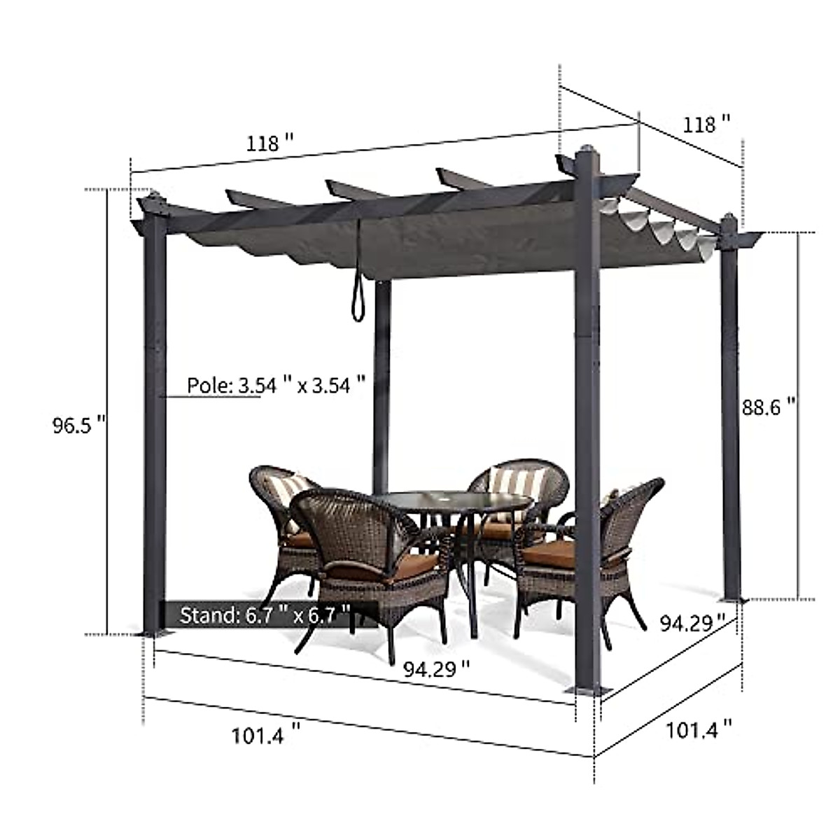 PURPLE LEAF 10' X 10' Outdoor Retractable Pergola with Sun Shade Canopy Patio Metal Shelter for Garden Porch Beach Pavilion Grill Gazebo Modern Yard Grape Trellis Pergola, Gray