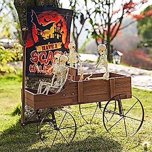 Dragosum Wooden Wagon Wheel Decor, Small Decorated Cart Garden Planter with Divider and Handle, Porch Decorations Indoor/Outdoor Planting Pots, Flower Box Wishing Wells Backyard Balcony Patio Walnut