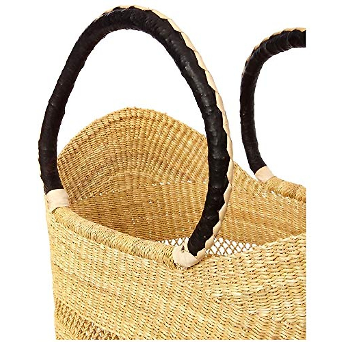 Large Dye Free Yikene Shopper -Ghana Bolga Basket Fair Trade - 16"-19" Across - Black & Tan Handles