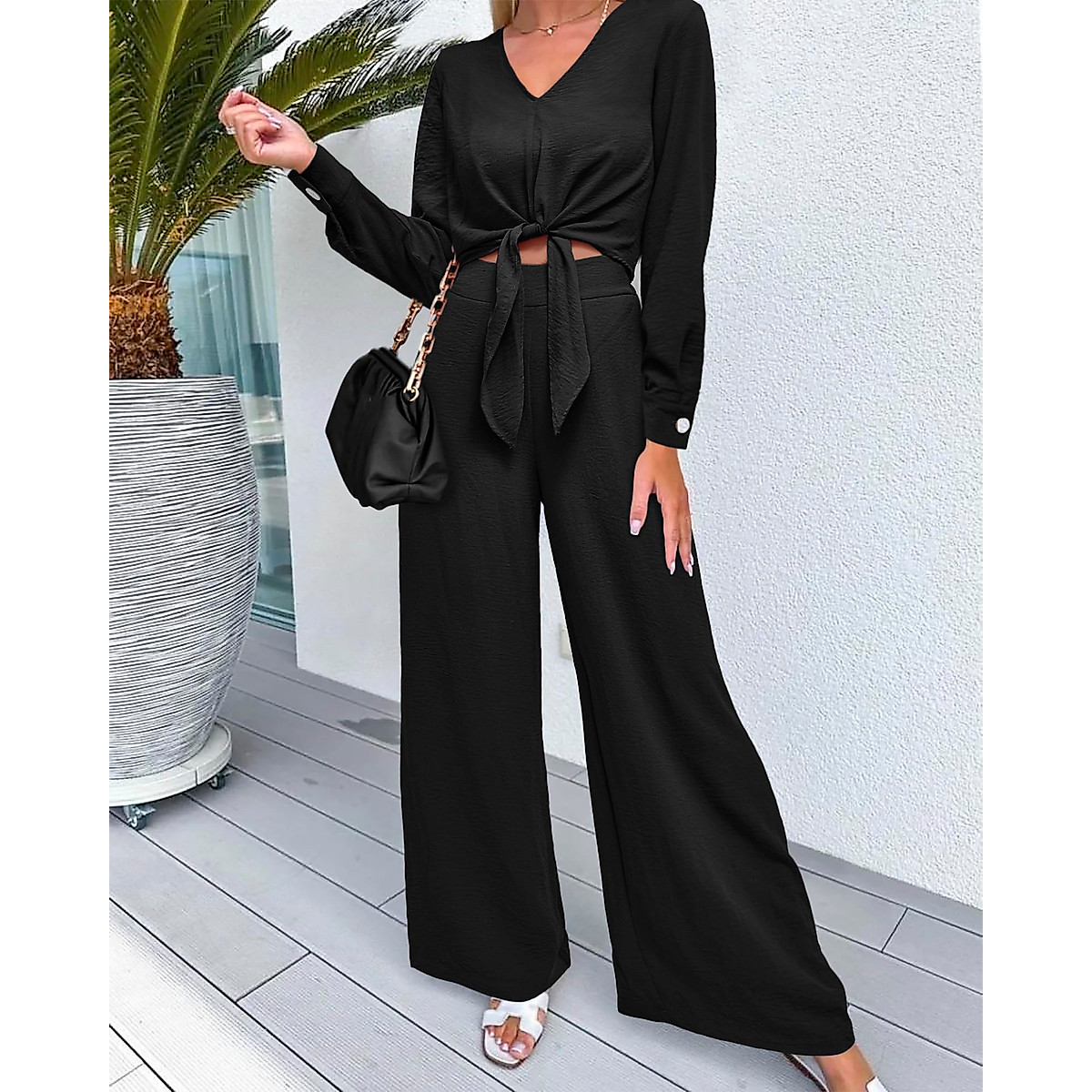 PRETTYGARDEN Women's 2 Piece Outfits 2025 Spring Casual V Neck Long Sleeve Strappy Crop Top Wide Leg Palazzo Pant Sets(Solid Black,X-Large)