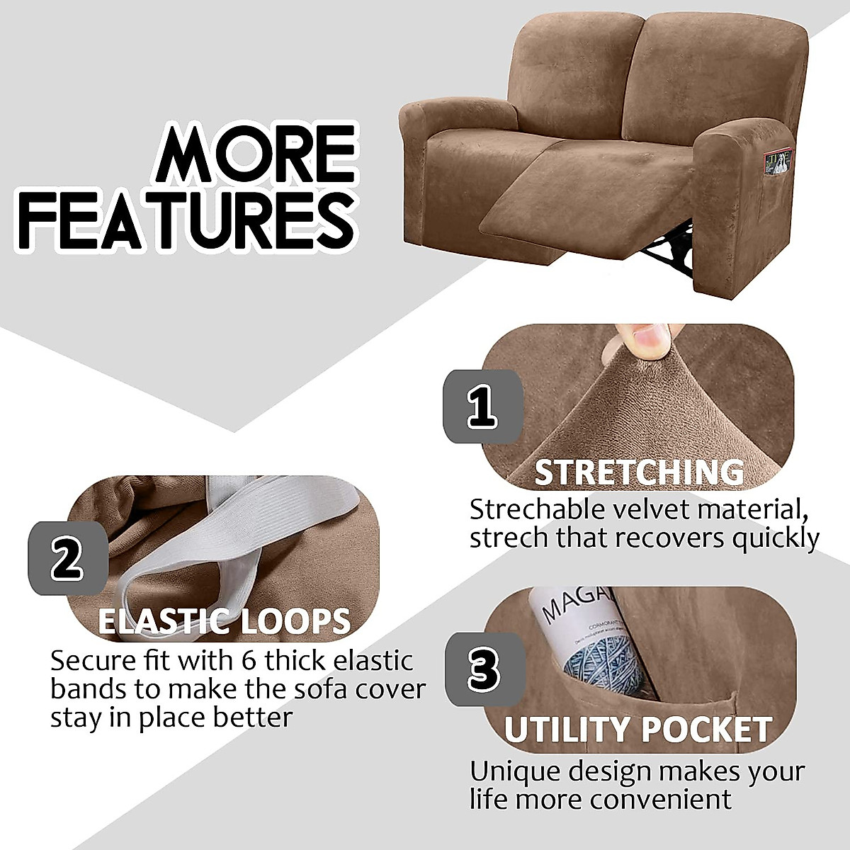 ULTICOR Reclining Love Seat Slipcover, 48" - 65" L, 6-Piece Velvet Stretch Loveseat Reclining Sofa Covers, 2 seat Love seat Recliner Cover, Thick, Soft, Washable (Sand)