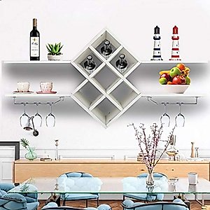 Ejoyous Wine Rack with Glass Holder Wall Mounted, Rustic Wooden Wine Bottle Rack Cabinet Grid Hanging Wine Stemware Storage Rack Plant Flower Display Shelf for Bar Kitchen Restaurants (White 1)