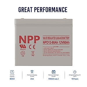 NPP NPD12-80Ah 12V 80Ah Group 24 AGM Deep Cycle Rechargeable Battery for Backup Sump Pump, Trolling Motor, Solar System, Mobility Wheelchair, General Use