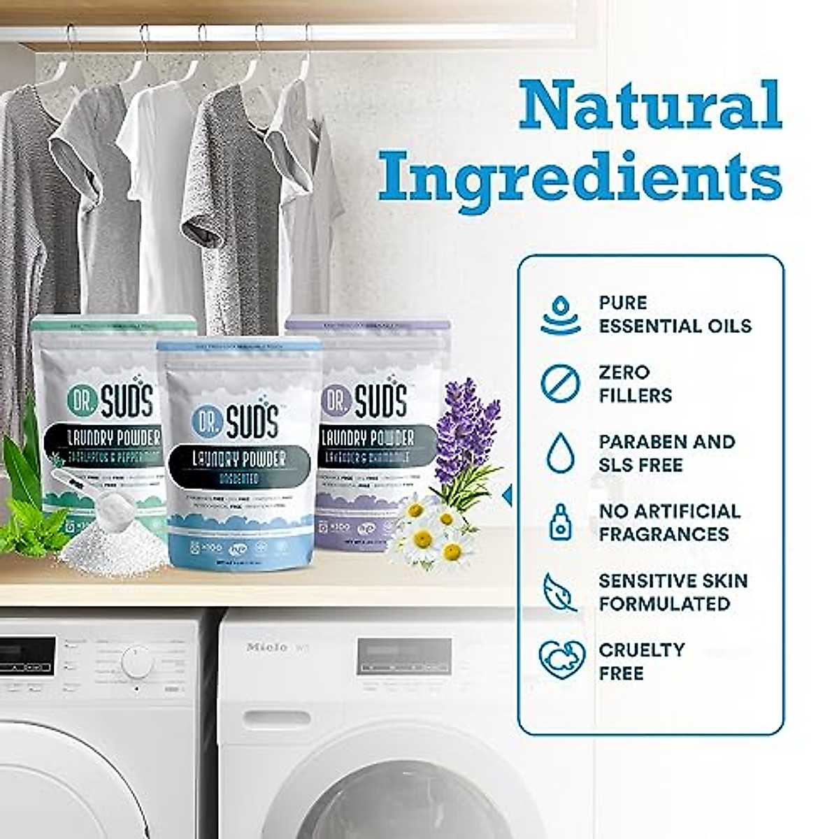 Dr Suds Laundry Powder Variety Bundle 3 Pack 192 Ounces Total Three 64 Oz Pouches Scented with Lavender and Eucalyptus Plus Unscented Variant Made in USA