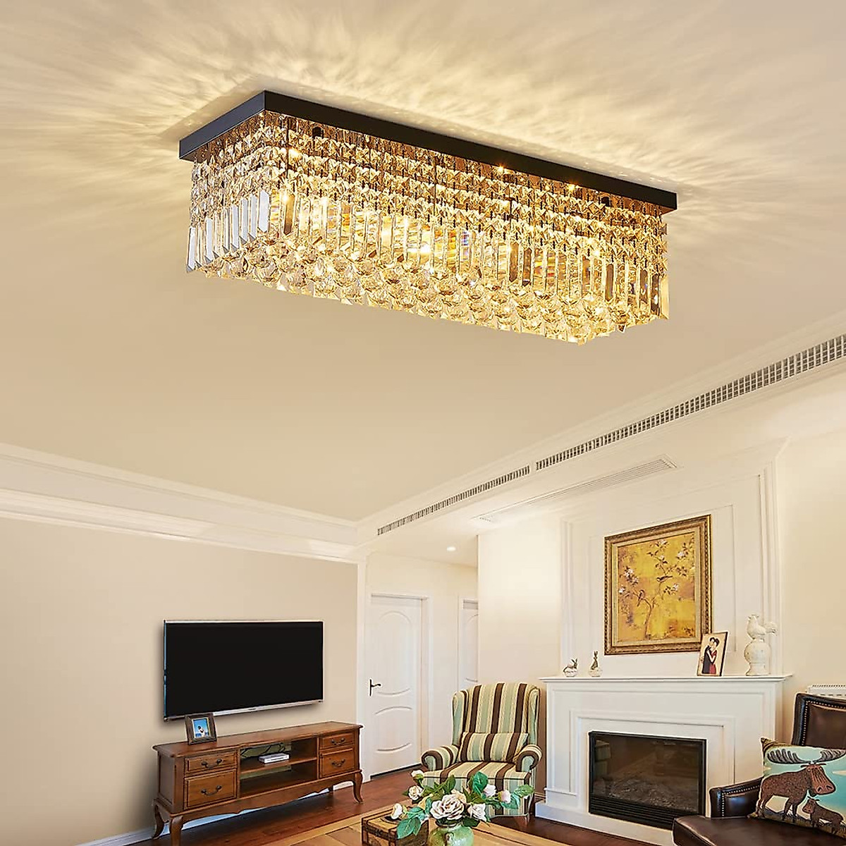 Saint Mossi 22010 5-Lights Modern K9 Crystal Chandelier, Island Design, Flush Mount Ceiling Light, H9 x W10 x L31, Clear Crystal & Pearl Black Finish