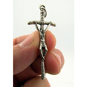 Silver Toned Base Papal Cross Crucifix Pendant for Prayer Rosary, Lot of 3, 1 1/2 Inch