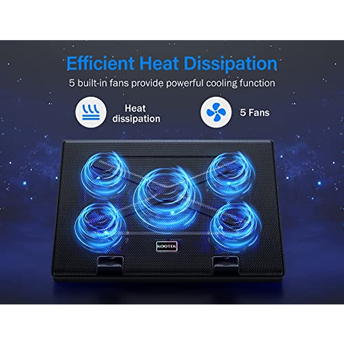 Kootek Laptop Cooling Pad 12"-17" Cooler Pad Chill Mat 5 Quiet Fans LED Lights and 2 USB 2.0 Ports Adjustable Mounts Laptop Stand Height Angle, Blue