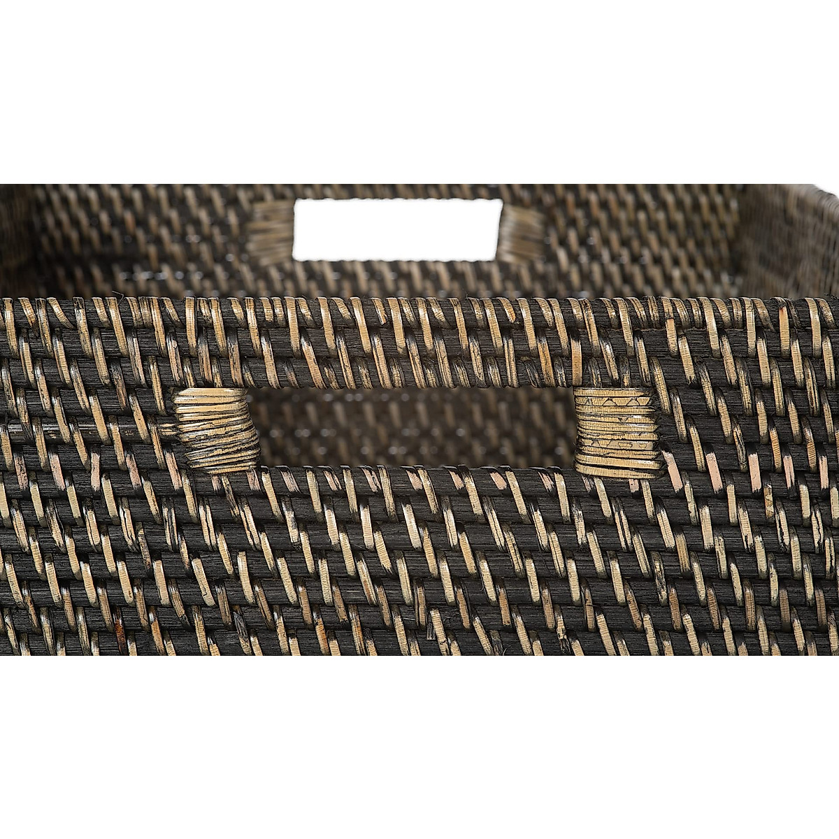 Loma Rectangular Rattan Storage Basket with Cut-Out Handles - Black-Wash - Coastal-Inspired Handwoven Rattan Basket for Home Organization & Décor