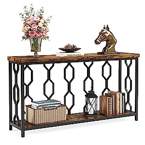 LITTLE TREE Console 55 Inches Vintage Wood Long Sofa 2 Tiers Storage Narrow Entryway Hallway Table, Brown