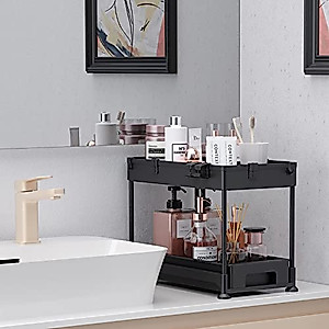 SODPE Bathroom Cabinet Organizer, 2 Tier Under Sink Organizer, Sliding Kitchen Basket Organizer Drawer, Multi-purpose Storage Shelf for Kitchen Countertop and Cabinet with Hooks, Hanging Cup, Divider