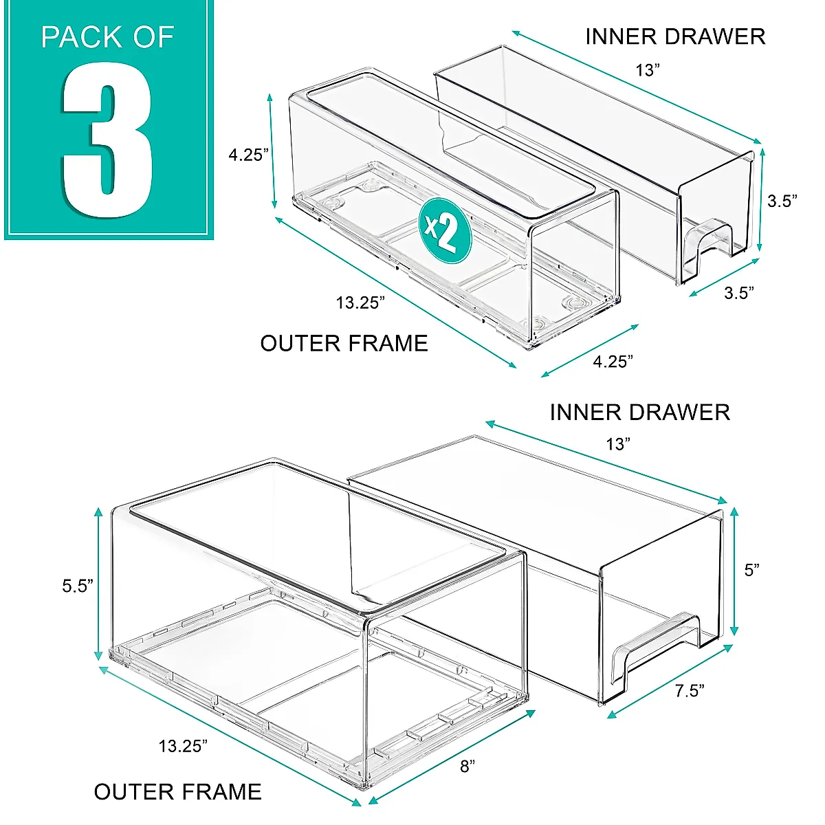 Sorbus Fridge Drawers - Clear Stackable Pull Out Refrigerator Organizer Bins - Food Storage Containers for Kitchen, Freezer, Vanity & Fridge (3 Pack | 1 Large, 2 Small Stackable Drawer Bins)