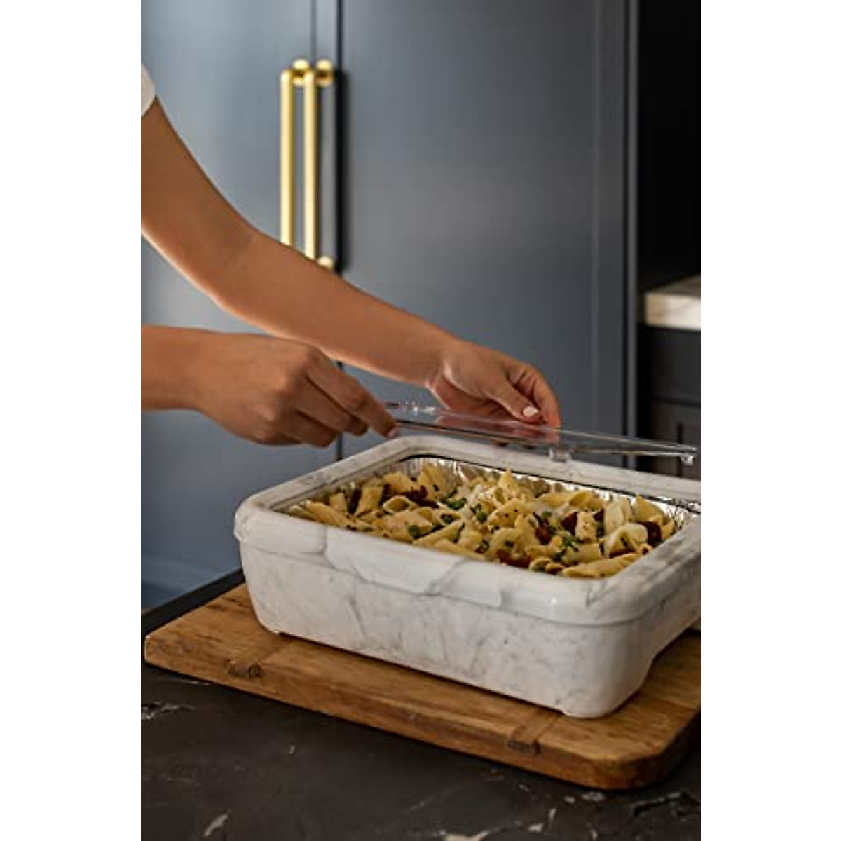 Fancy Panz Premium Dress Up & Protect Your Foil Pan, Made in USA. Hot/Cold Gel Pack, One Half Sized Foil Pan & Serving Spoon Included. Stackable for easy travel. (Marble)