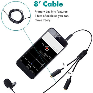 Movo Professional Lavalier Lapel Clip-on Interview Podcast Microphone with Secondary Mic and Headphone Monitoring Input for iPhone, iPad, Samsung, Android Smartphones, Tablets - Podcast Equipment