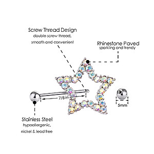 CrazyPiercing 1Pair Rhinestone Paved Star Nipple Piercing Rings Barbells 14Gauge (AB Colorful)