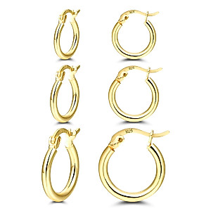 14K Gold Plated Hoop Earrings - 3 Pairs Sterling Silver Small Hoops| Gold Hoop Earrings Sets for Women Men (13mm 15mm 20mm)