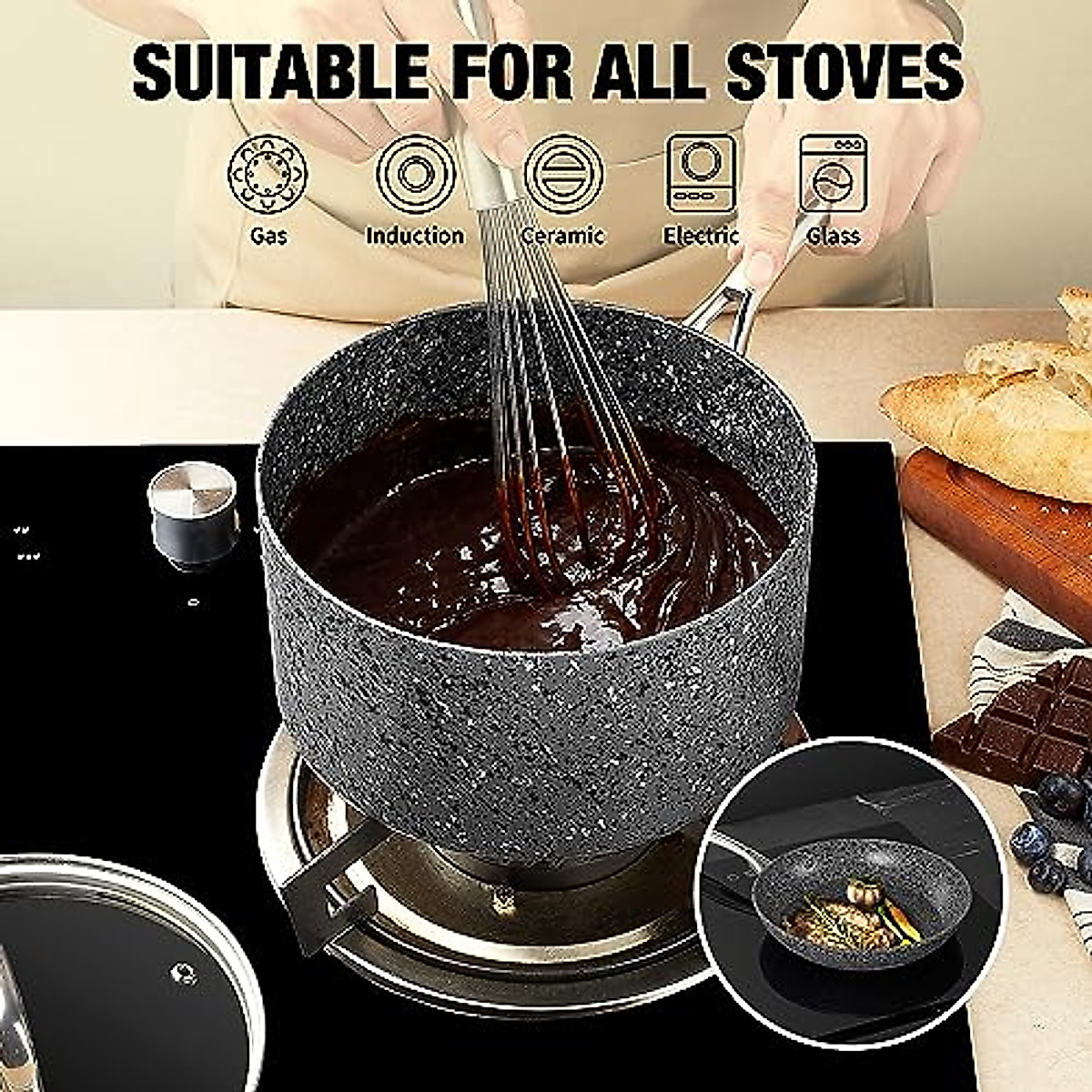 HLAFRG 1 Quart Small Sauce pan with Lid, Ultra Nonstick Sauce Pan with Lid, Small Pot with Lid, Granite Nonstick Saucepan 1 quart, Small Sauce Pot, 1 Qt Pot with Lid, Aluminum Small Pot 1 Quart