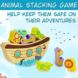 AluAbi Board Games for Kids & Adults, Noah's Ark Wooden Balance Stacking Toys,Stacking Blocks Balance Game, Bible Story Toys Baptism Gift for Boys Girls,Perfect for Family Games Night,Birthday Gift