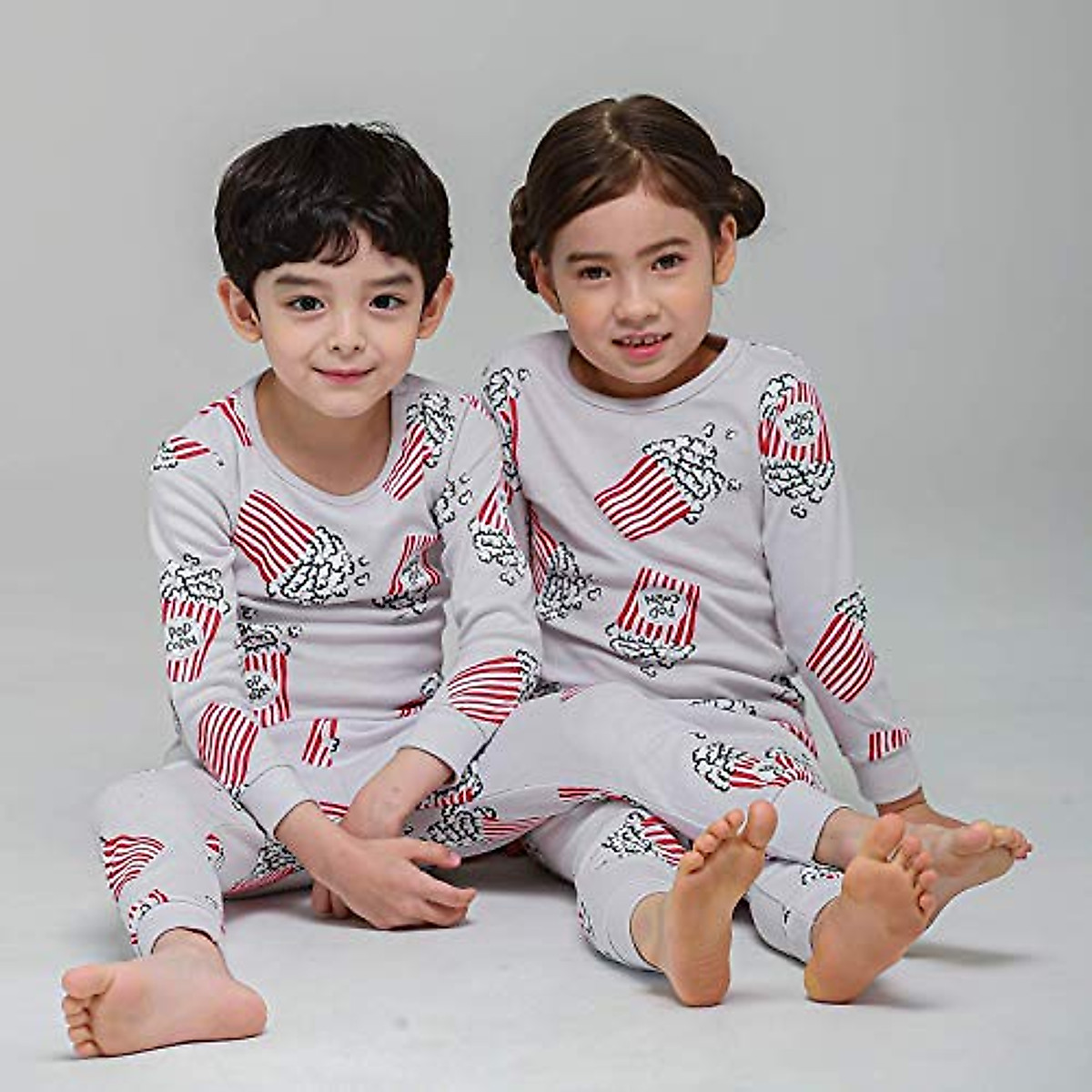 MiNi-K Baby Toddler Kids Boys Girls Sleepwear Pajamas 100% Cotton Long Sleeve 2pcs Pjs Set (Popcorn Grey, 8-9 Years)