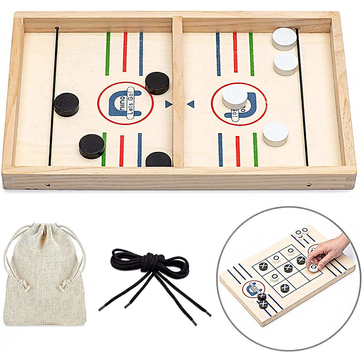 Niino 2 in 1 Fast Sling Puck and Tic Tac Toe Game Board | Tic Tac Toe Board and Family Wooden Hockey Game | String Puck | Gift for Adults & Kids Children | 20 Pucks with Storage Pouch (13 X 8 Inches)