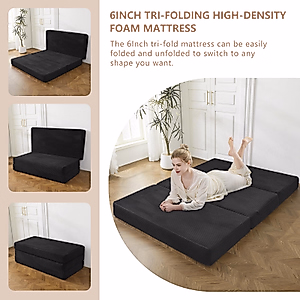 Tri-Folding Corduroy Mattress, 6 Inch Gel Folding Mattress Topper, Foldable Soft Guest Bed Camping Pad, Washable Cover (Black, Twin)