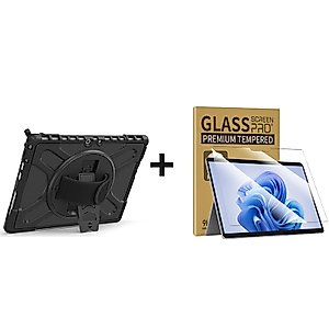 ZenRich Bundle for Surface Pro 8: 2-Pack Tempered Glass Screen Protectors with Anti-Glare& Rugged Full-Body Case with Rotatable Kickstand and Hand Strap