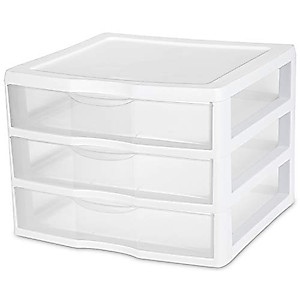 Sterilite 20938003 Wide 3 Drawer Unit, White Frame with Clear Drawers, 3-Pack