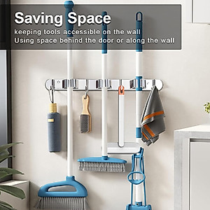 Zilvoran Mop And Broom Holder Wall Mount, Stainless Steel Mop Holder With Hooks, Brooms And Mops Tool Organizer For Closet Laundry Utility Room Garage (3 Racks & 4 Hooks)