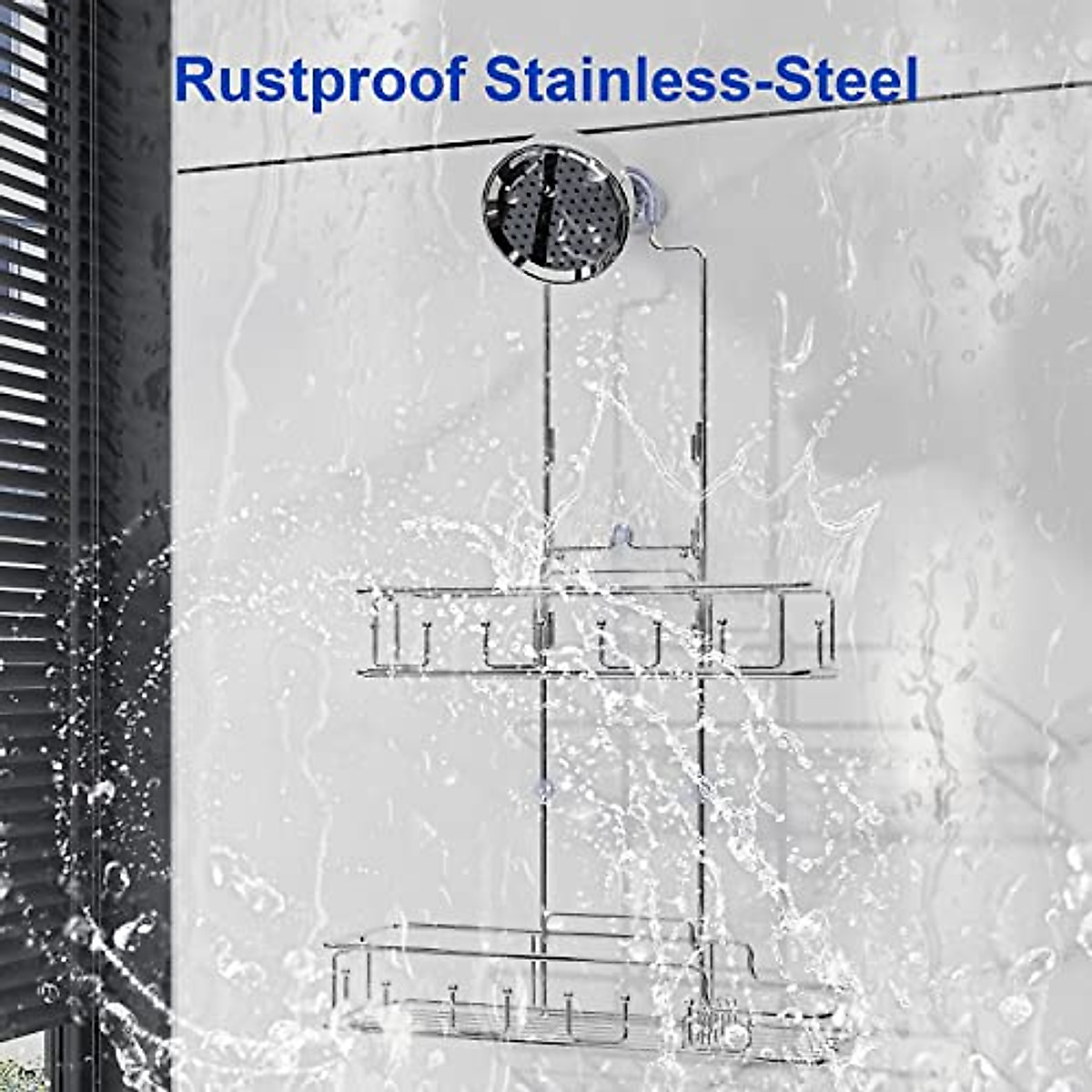 Neahom Adjustable Hanging Shower Caddy Shelf, Hanging Over Shower Head Shower Caddy Bathroom Organizer, Rustproof Storage Shower Rack Holder with Soap Dish and Hooks for Towel, Razor and Sponge Silver