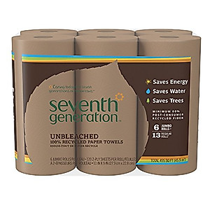 Seventh Generation Unbleached Paper Towels, 100% Recycled Paper, 6 Count, Pack of 4