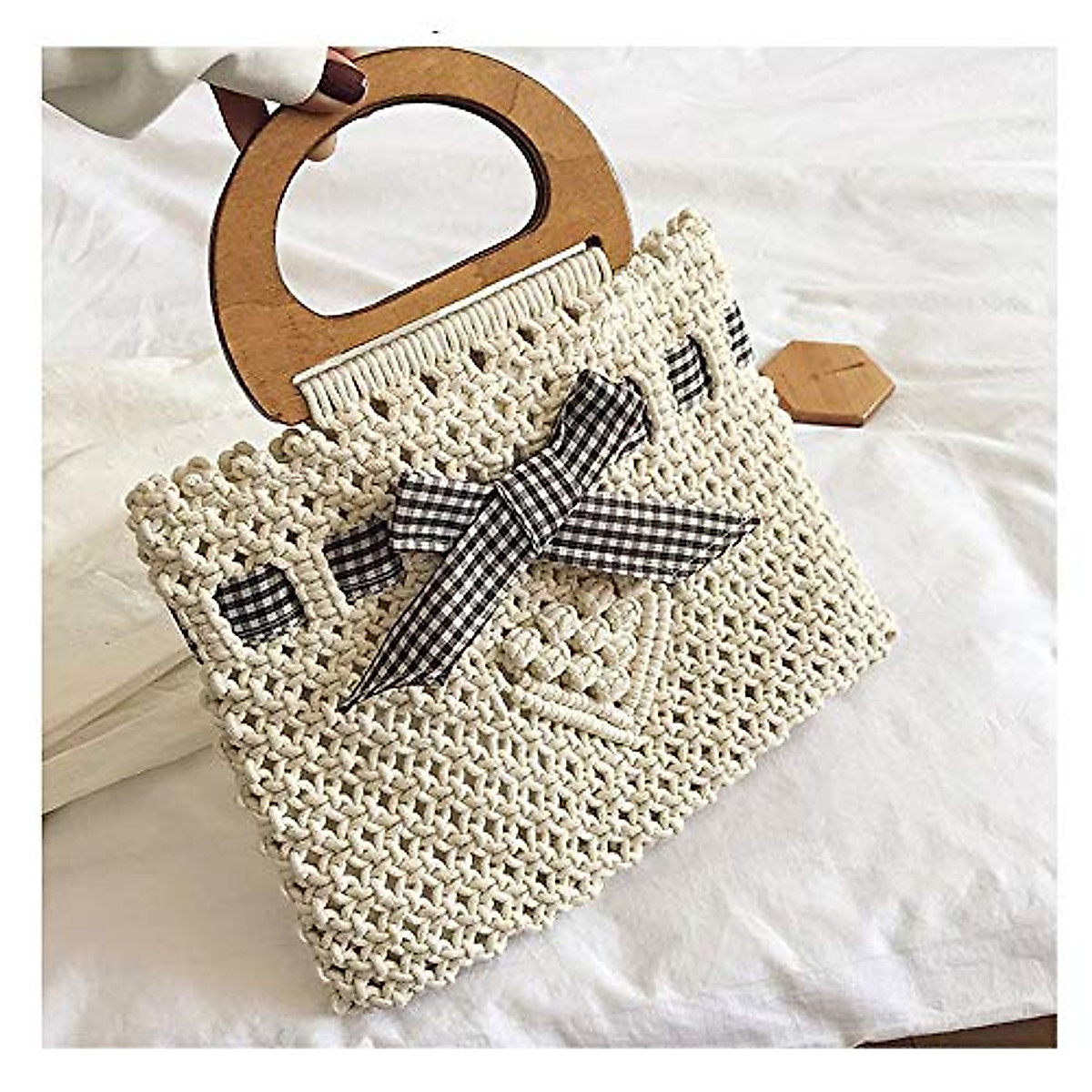QTKJ Boho Women's Summer Beach Straw Crochet Bag, Hand-Woven Hollow Out Cotton Tote Bag Purse with Bow (White)