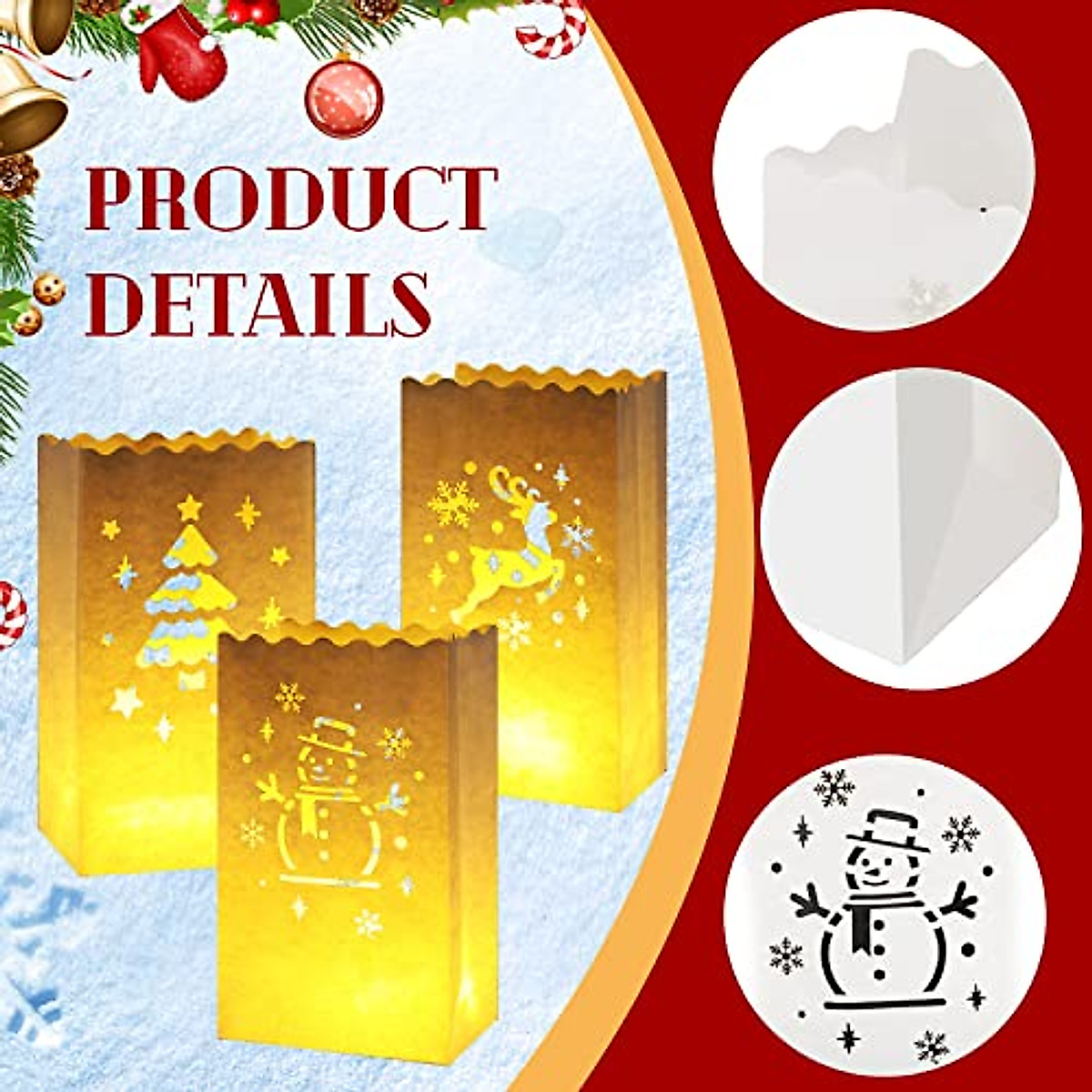54 Pieces Christmas Luminaries Bags Flame Resistant Candle Bags Christmas Tree Design Luminary Lantern Bags Different Designs for Christmas Halloween Thanksgiving Outdoor Party (Snowman Elk Tree)
