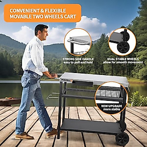 PIZZELLO Outdoor Grill Cart Three-Shelf Pizza Oven Stand Table with Wheels Dining Cart Table for Outside Patio, Movable Kitchen Cooking Prep Table BBQ Cart with 34"x 21" Stainless Steel Tabletop