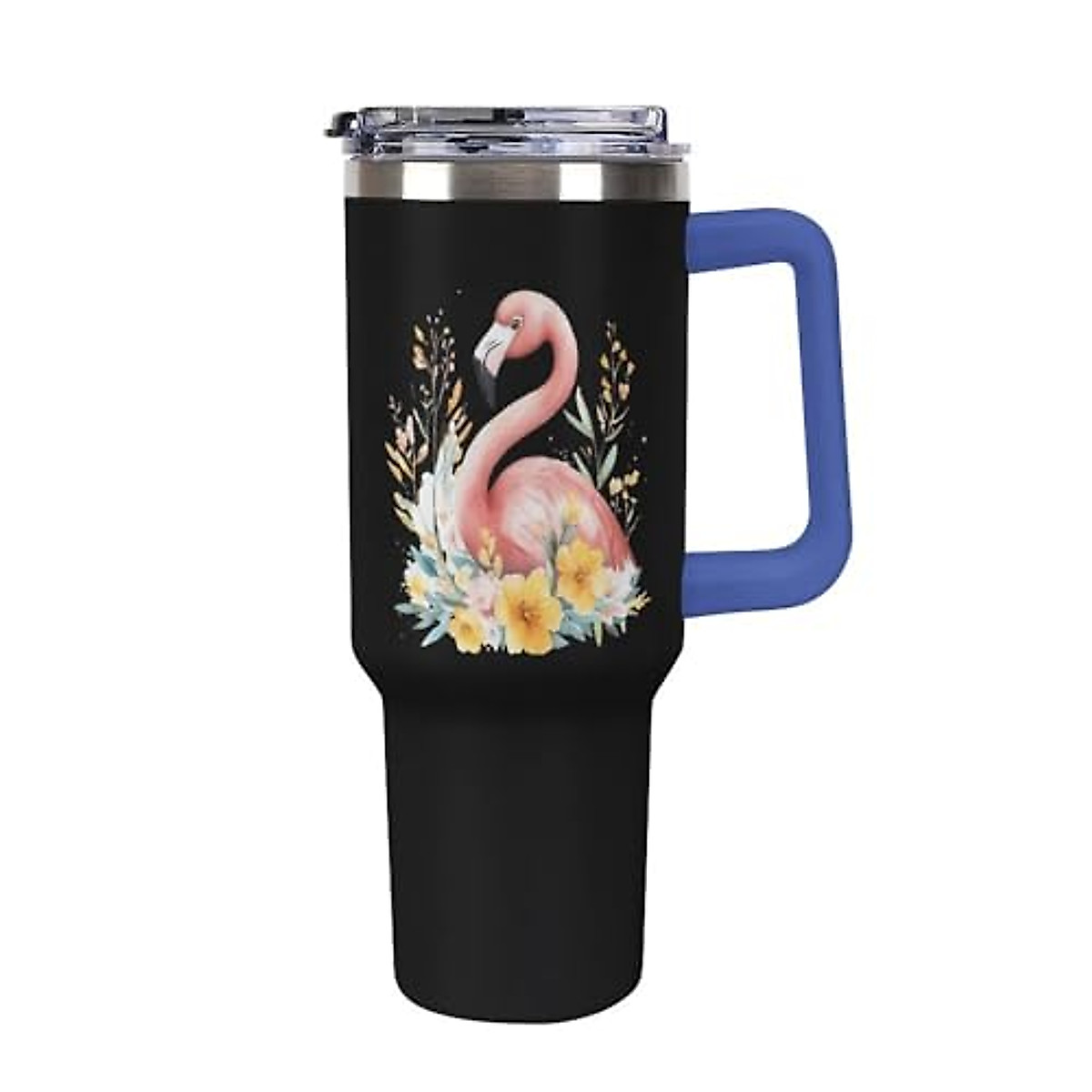 Flamingos In The Floral Bush 40oz Water Bottle Double Wall Insulated Tumbler with Handle Leakproof Travel Mug Deep Blue-style