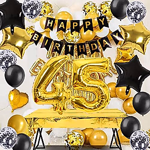 45th Birthday Decorations Black Gold for Men Women, 45th Birthday Banners Number 45 Birthday Balloons Star Foil Confetti Balloons for Cheers to 45 Years Old Birthday Party Decorations(45th)