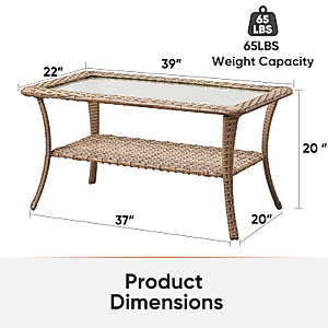 Outdoor Coffee Table - Patio Rattan Wicker Coffee Table with Tempered Glass Top and 2-Tier Storage Outdoor Table for Deck Porch Balcony Garden - Yellow