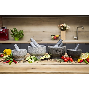 ChefSofi Mortar and Pestle Set - 6 Inch - 2 Cup Capacity - Unpolished Heavy Granite for Enhanced Performance and Organic Appearance - Included: Anti-Scratch Protector + Italian Recipes EBook