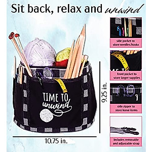 Steel Mill & Co Yarn Tote, Stylish Knitting Bag, Large Capacity Organizer for Knitting & Crochet Supplies, Craft Tote with Yarn Divider and Pockets for Hooks & Needles, Black Gingham