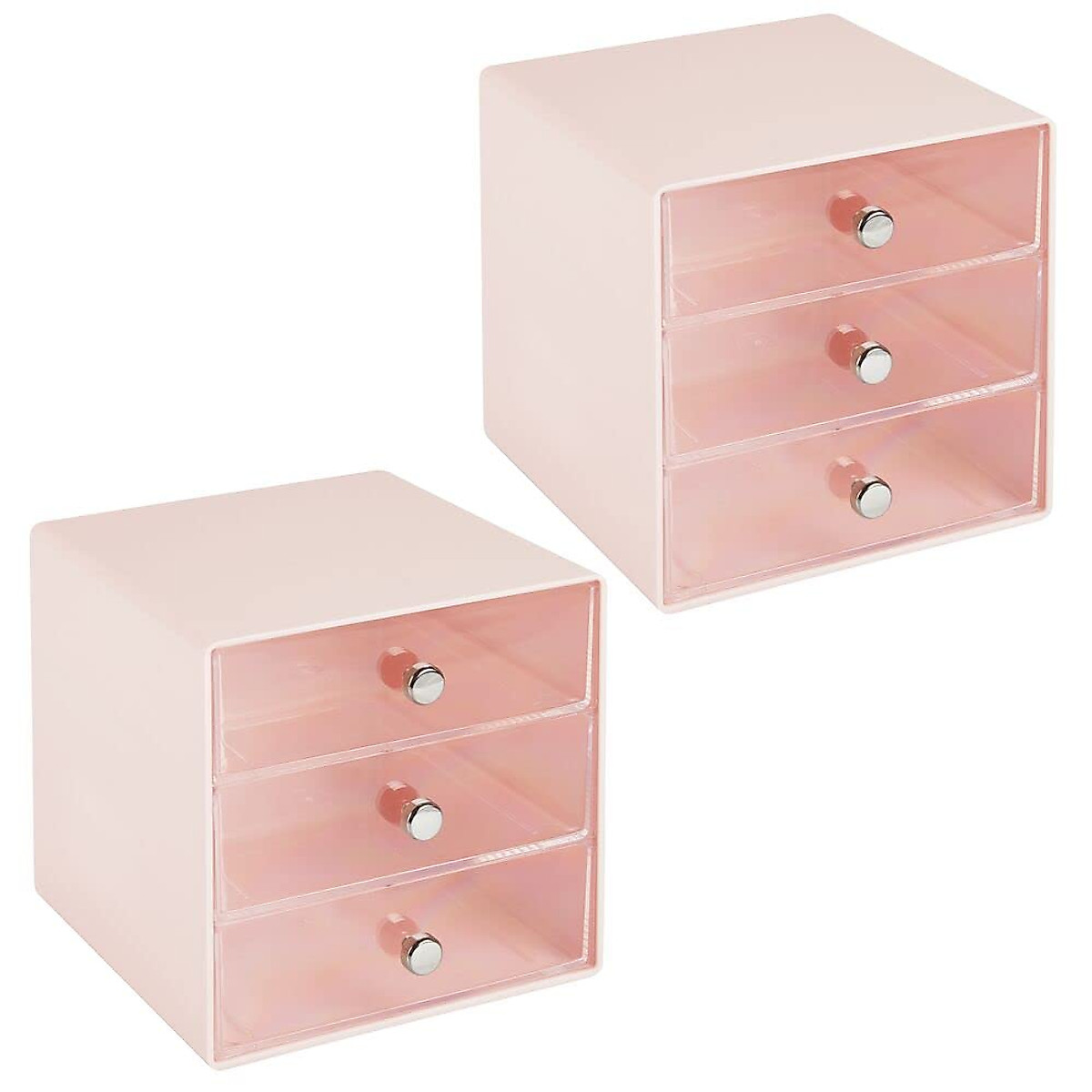 mDesign Plastic 3 Drawer Cosmetic Organizer - Stackable Storage Cube with Pull-Out Drawers for Bathroom Countertop, Vanity, Desk - Makeup Storage Drawers, Lumiere Collection, 2 Pack, Light Pink/Clear