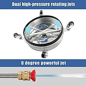 janz 14" Pressure Washer Surface Cleaner with 4 Wheels, Stainless Steel Housing, 1/4" Quick Plug, 2 Extension Wands, 2 Replacement Nozzles and 3 Spray Nozzles, 4000 PSI